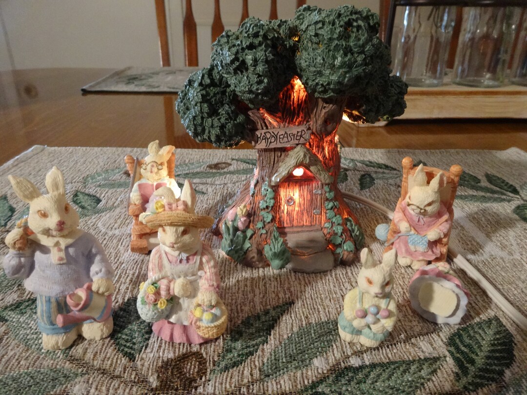 Vintage 7 Pc Bunny Family and Lighted Tree House Set - Etsy