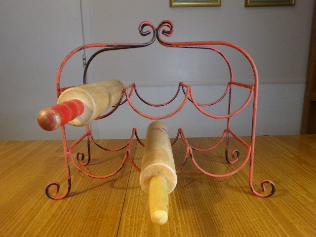 Vintage Metal Wine Bottle Display Rack Wine Bottle Display Rolling Pin ...