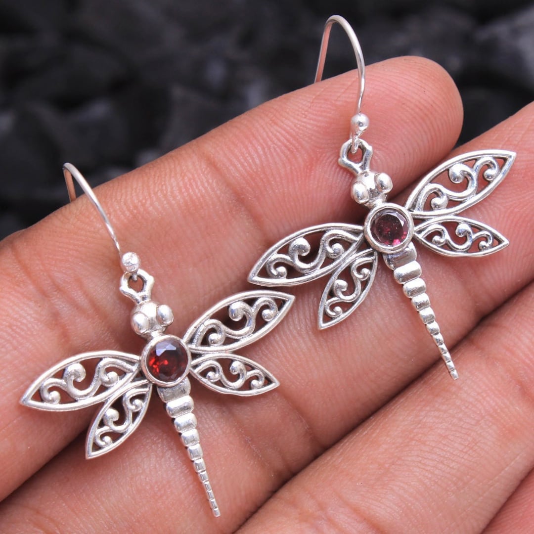 Dragon Fly Insect Earrings, Garnet Earrings, 925 Silver Plated Earrings ...