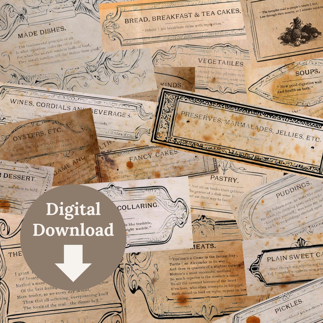 Vintage Printable Kitchen Cookbook Ephemera Pack for Junk Journals, Set ...