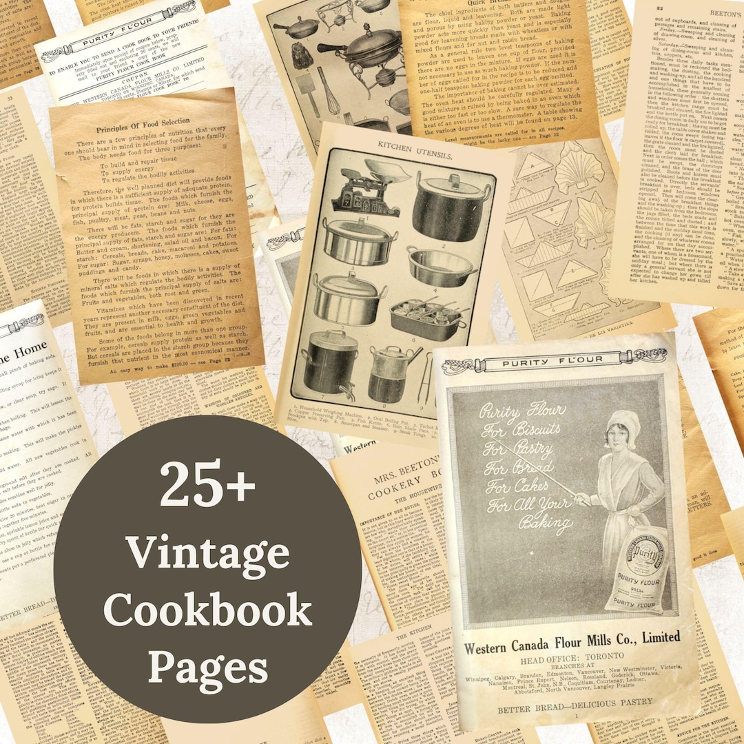 Set of 26 Printable Vintage Cookbook Pages, Old Book Page Backgrounds ...