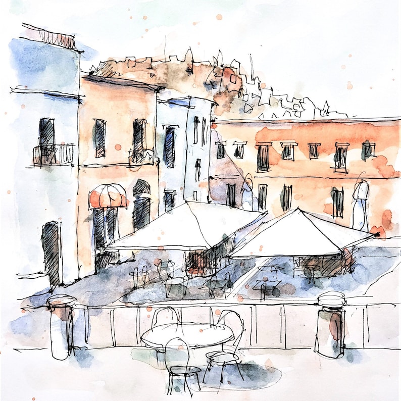 Watercolour Print - Italian Village Square - Etsy
