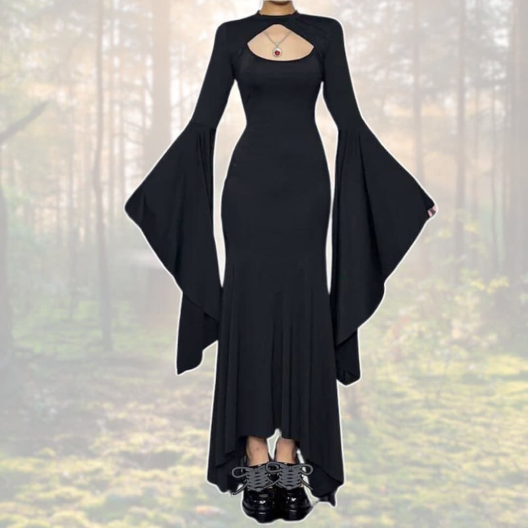 Long BAT Sleeve Dress Goth Dress in Black Morticia Addams - Etsy
