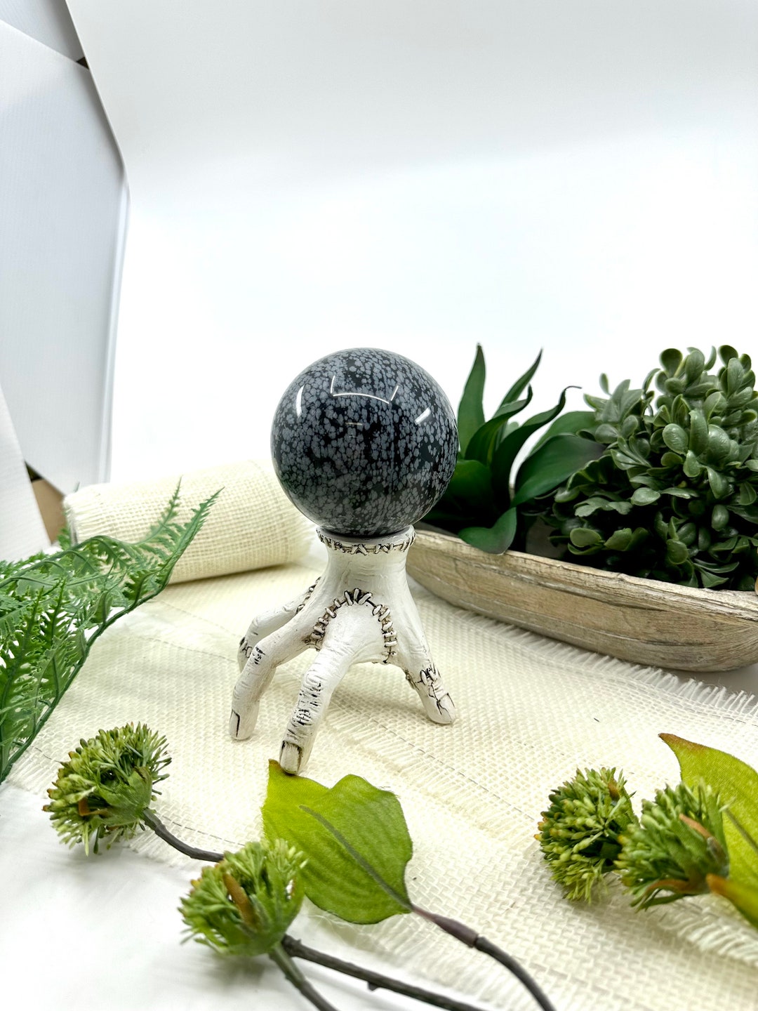 2lb Snowflake Obsidian Sphere With Hand Stand, Crystal Sphere, Crystal ...