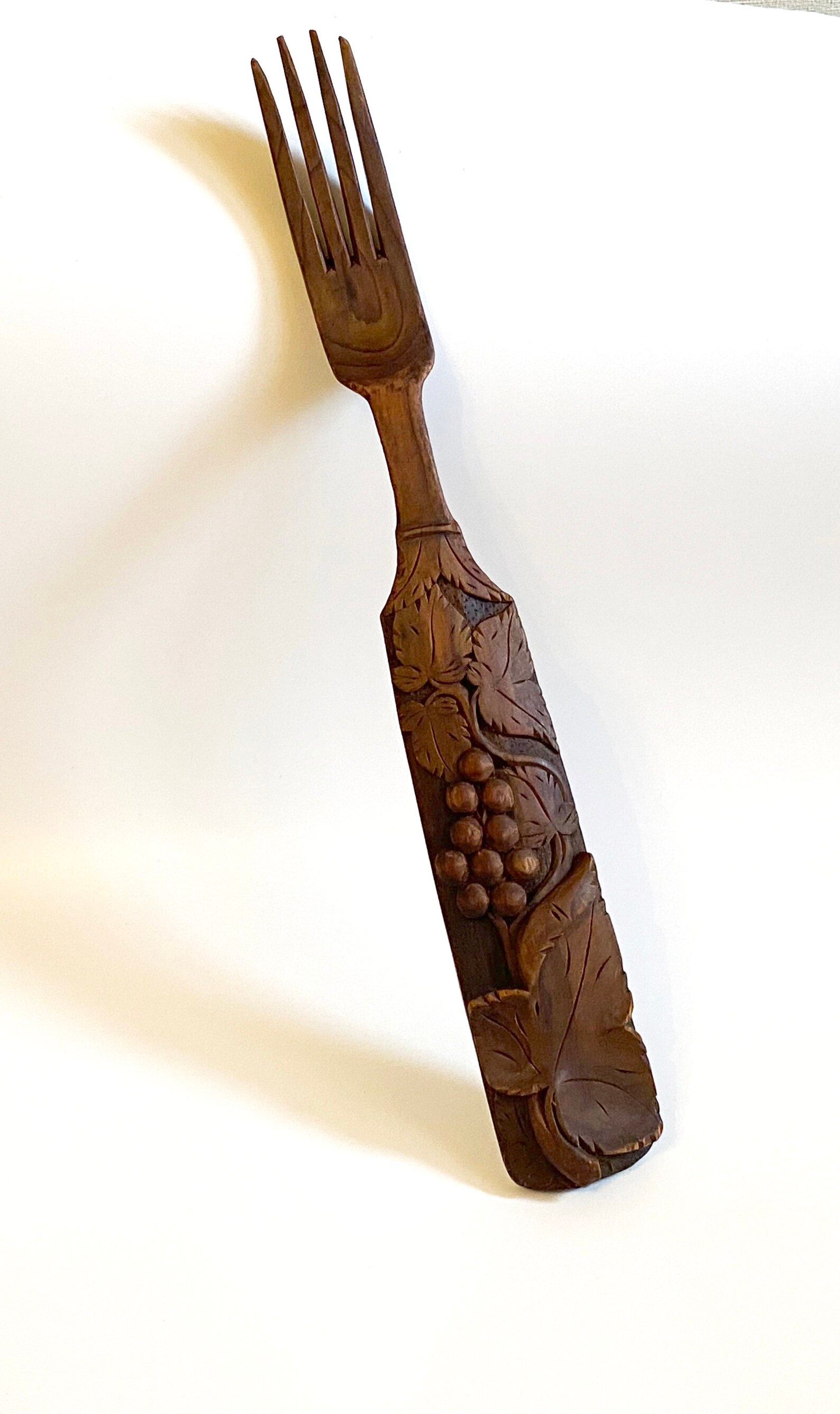 Vintage Wooden Salad Fork, Hand Carved Fork, Carved Grape Pattern ...