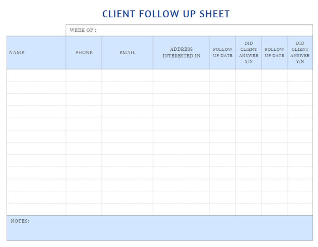 Client Follow up Sheet for Printing 8.5 X 11 Template for - Etsy