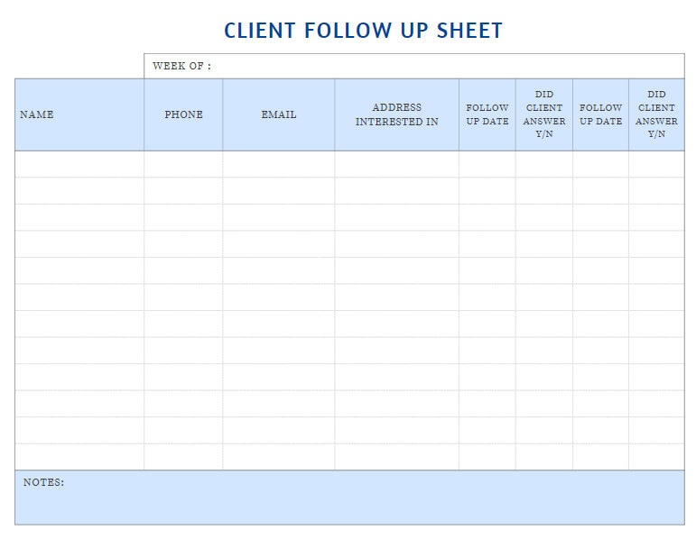 Client Follow up Sheet PDF Instant Printable Digital Download - Etsy