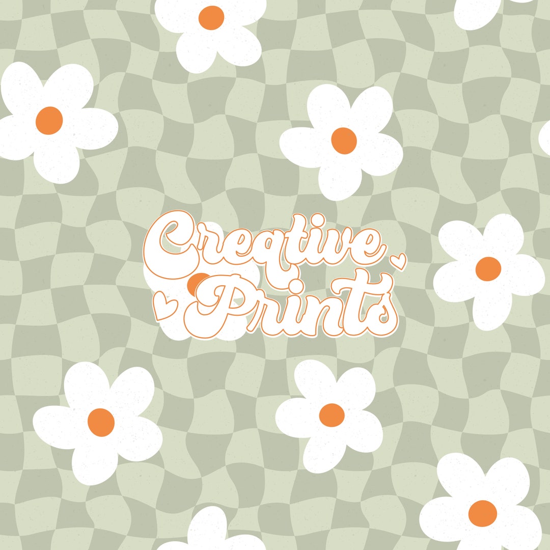 Boho Sage Green Wavy Checkerboard Daisy Seamless Pattern, Retro Floral ...