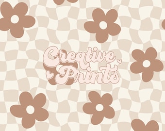 Boho Neutral Wavy Checkerboard Daisy Seamless Pattern, Retro Floral ...