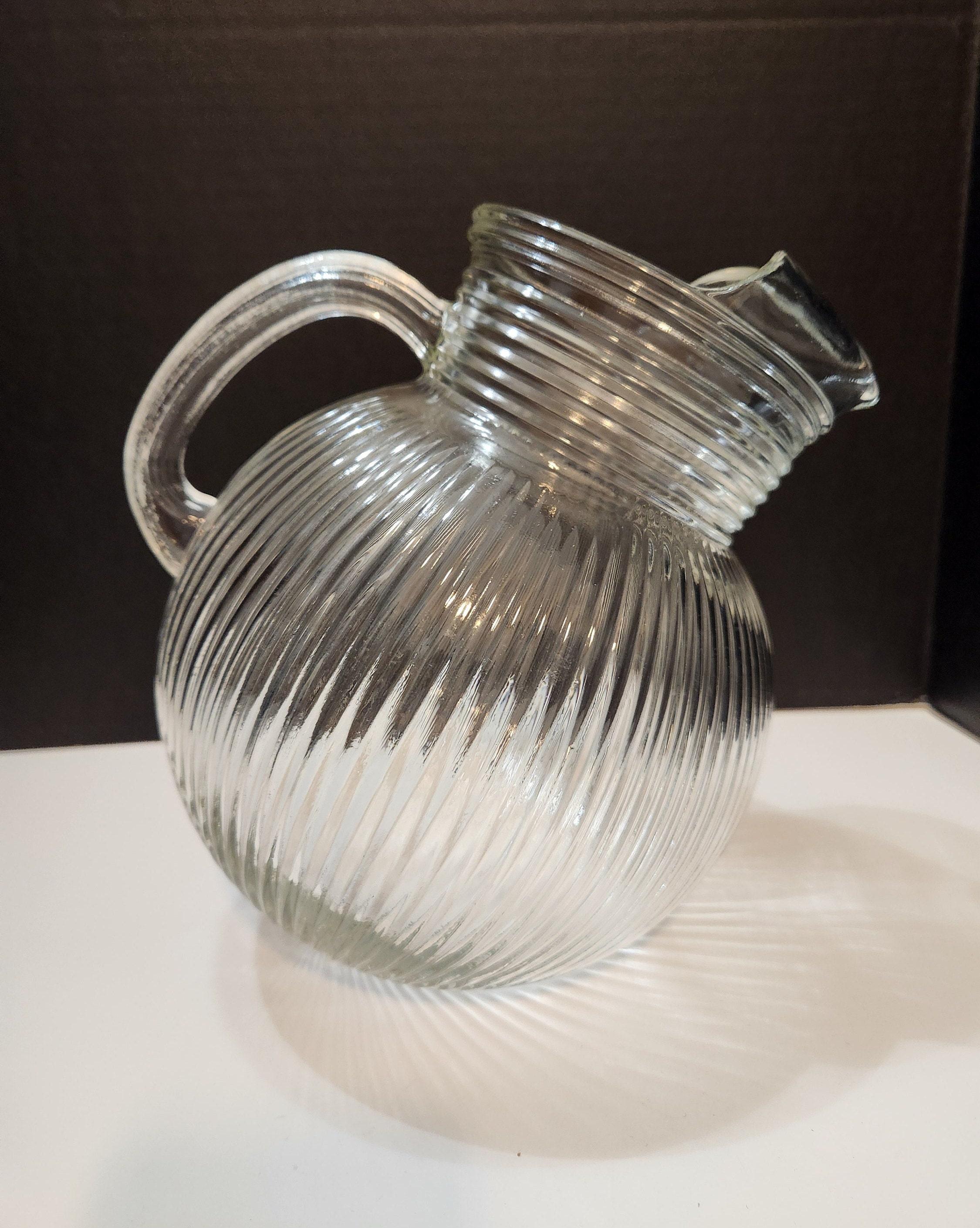 Vintage Fine Ribbed Clear Glass 80 Oz. Tilted Ball Jug Pitcher With Ice ...
