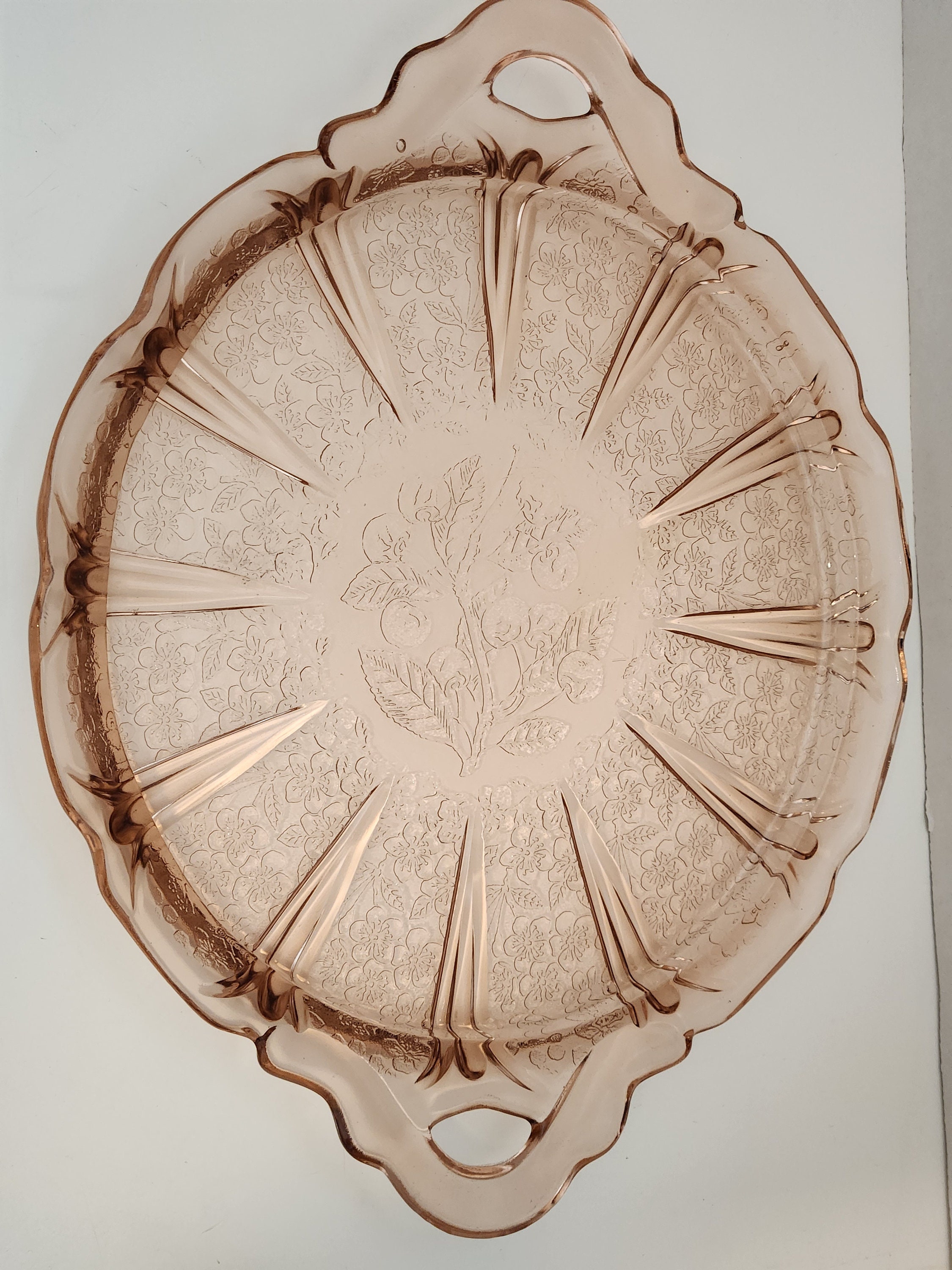 Cherry Blossom Pink Depression Glass Cake Plate - Tray With Handles by ...