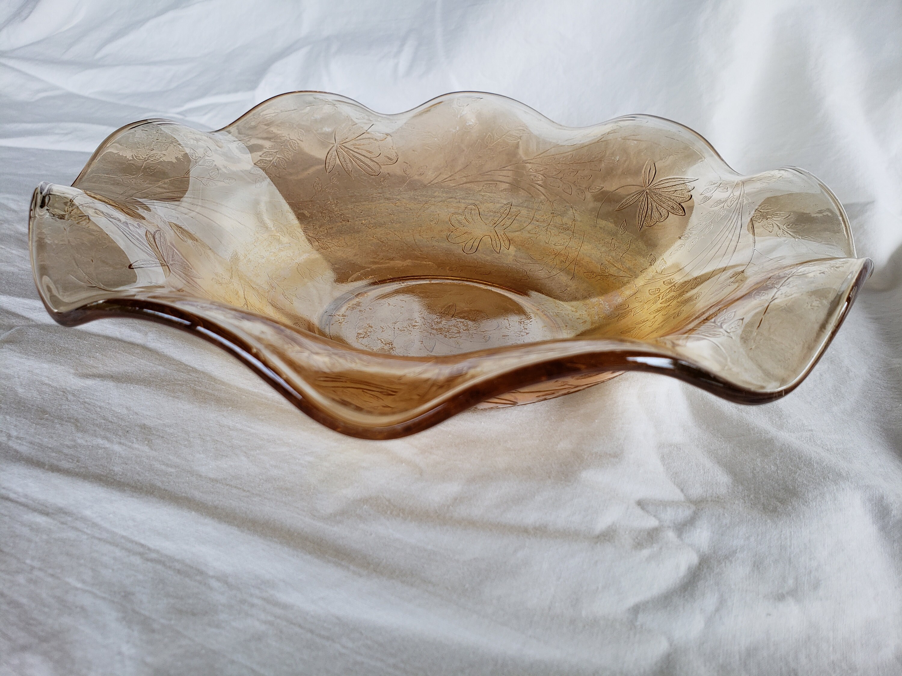 Iridescent Carnival Glass Flora Gold Bowl With Ruffled Edge, Mid ...