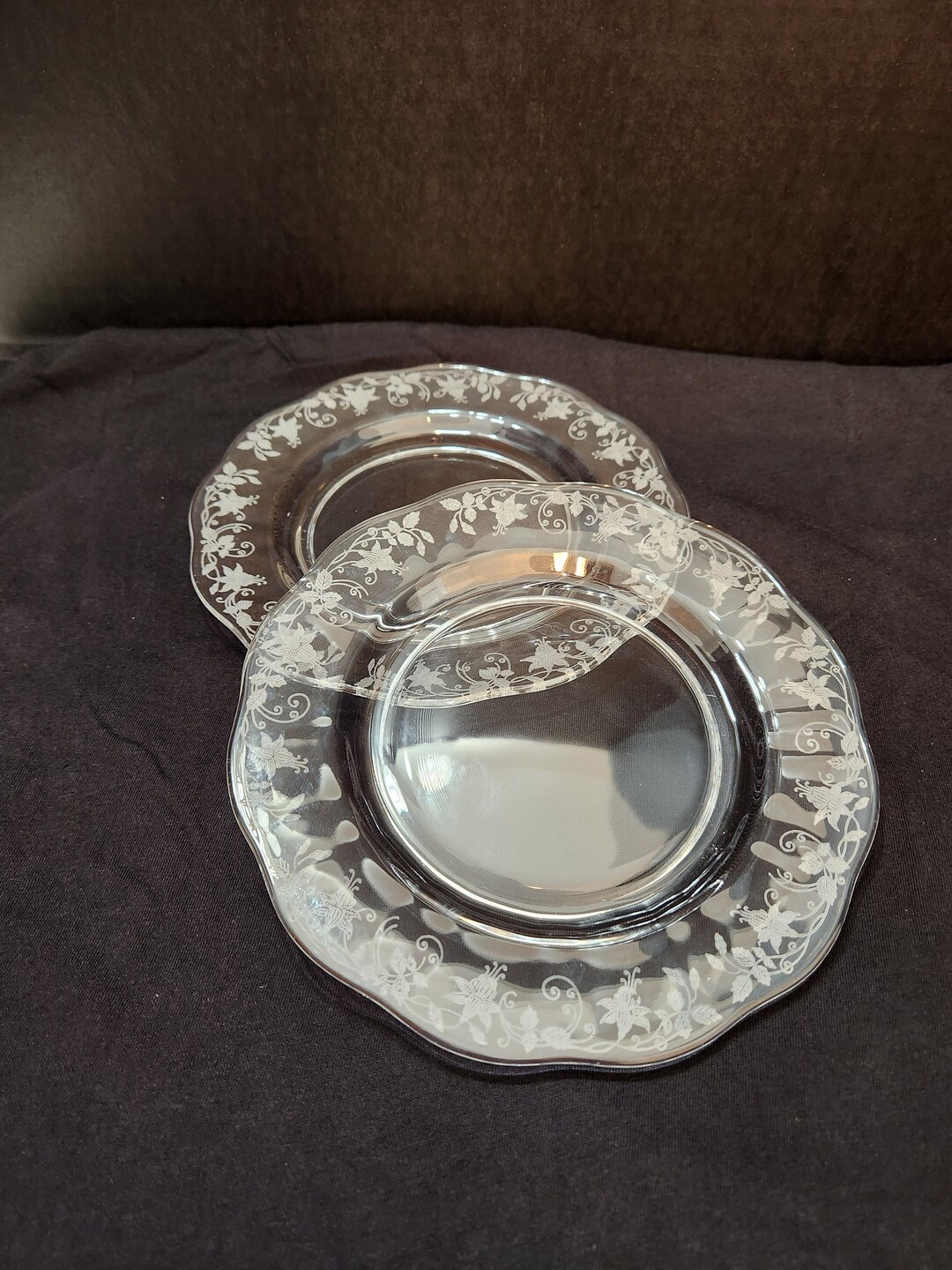 Vintage Fostoria Etched Glass Dessert Plates, Fushia Floral Pattern ...