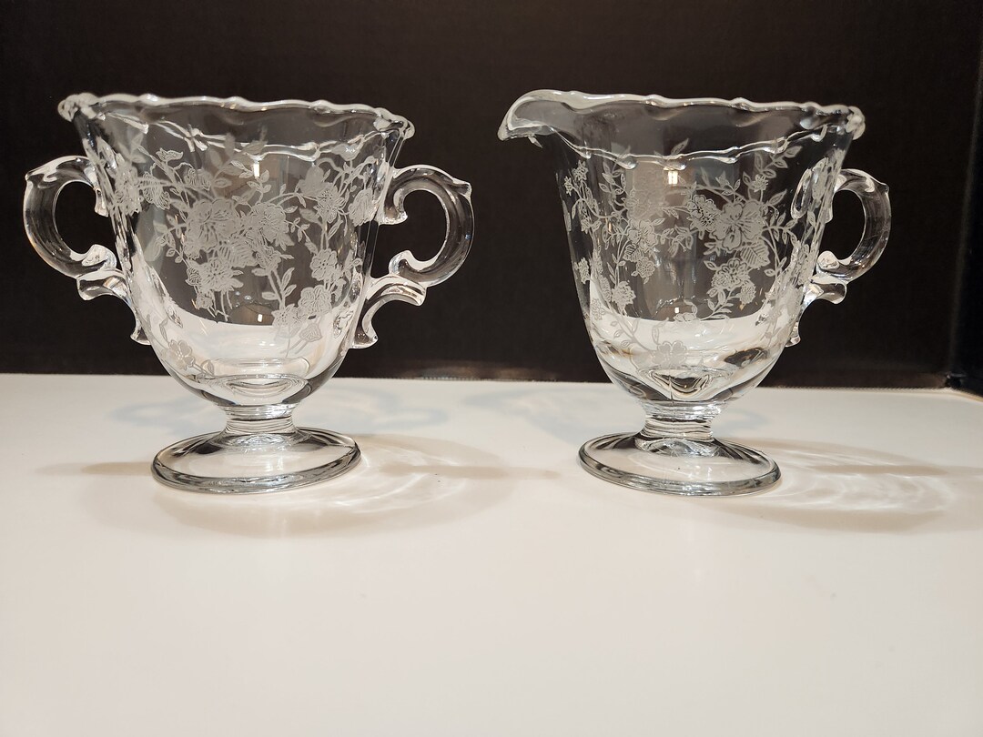 Vintage Fostoria Bouquet Sugar Bowl and Creamer Set, Floral Etched ...