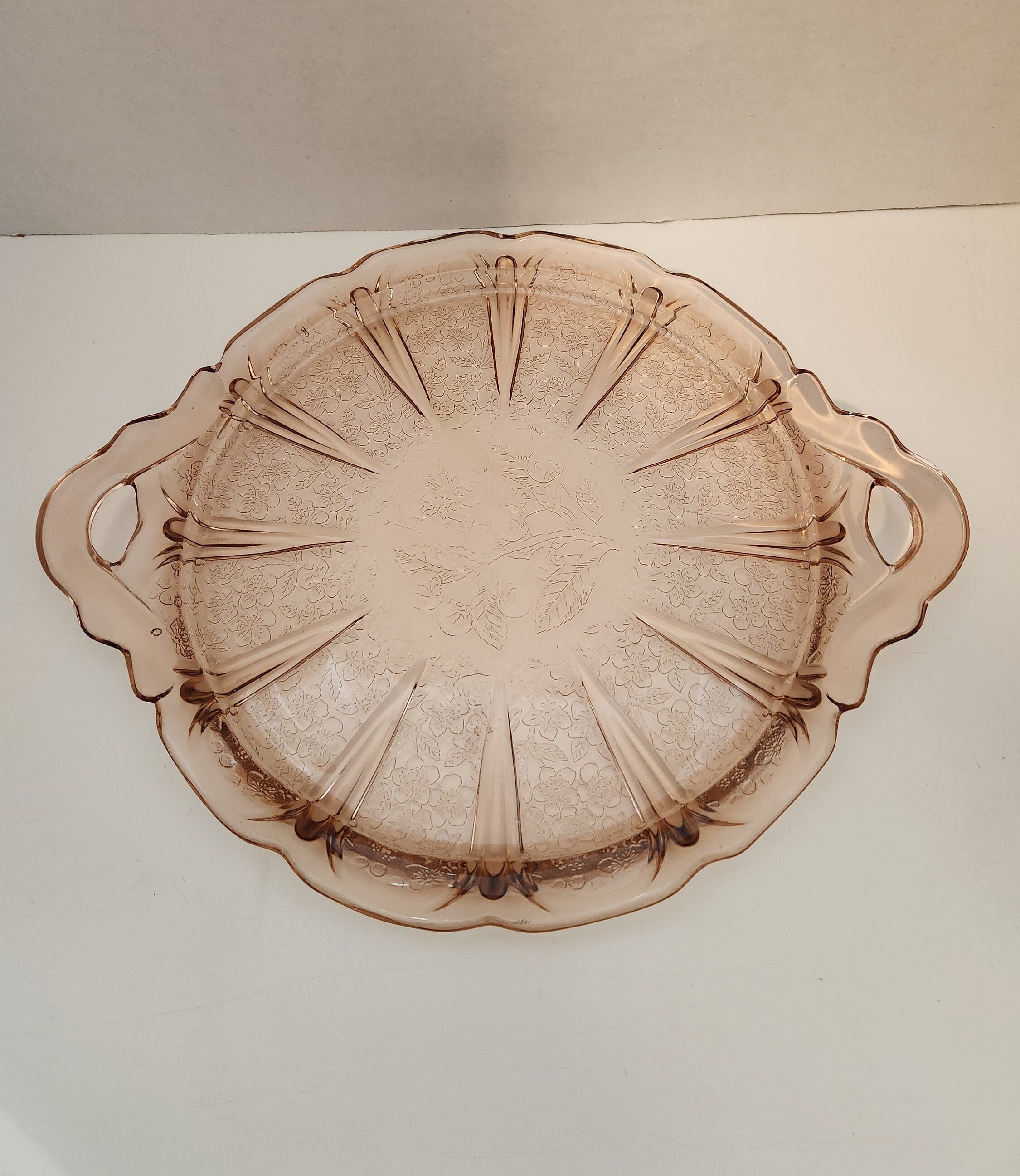 Cherry Blossom Pink Depression Glass Cake Plate - Tray With Handles by ...