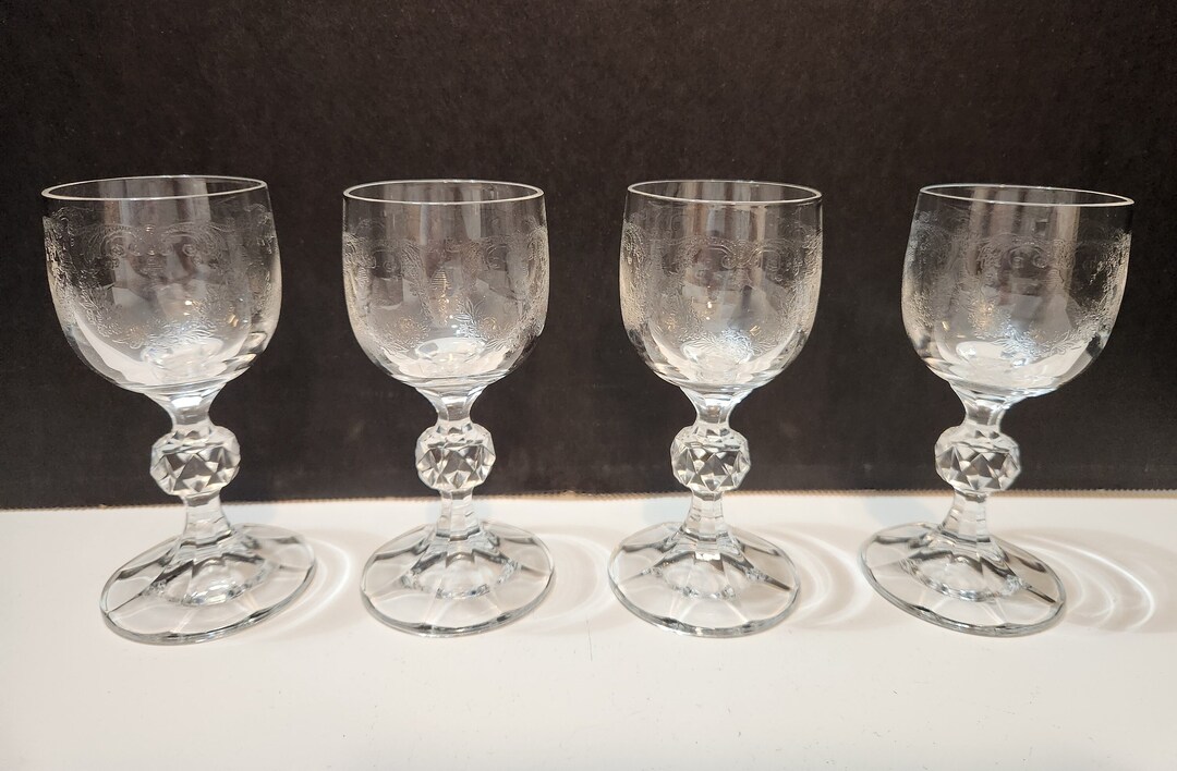 Etched Crystal Cordial Liquor Glasses With Faceted Ball Stems - Bohemia ...