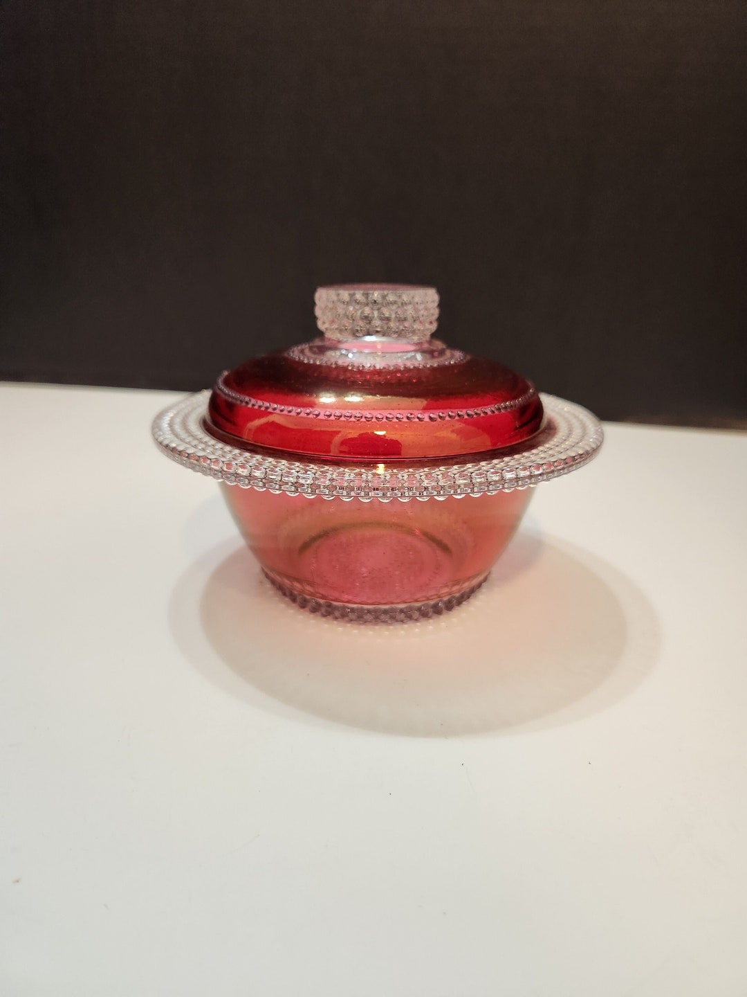 Vintage Rare Flash Ruby & Clear Beaded Glass Dish With Lid - Etsy