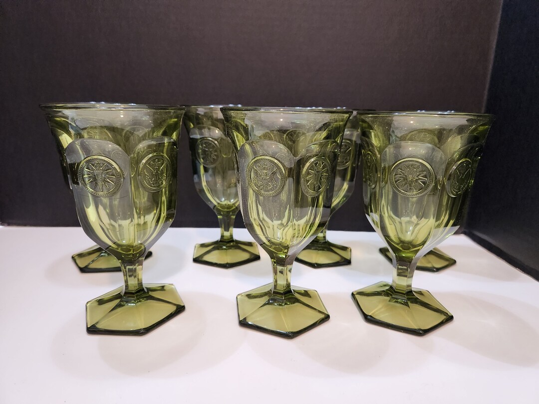 Fostoria Olive Green Coin Glass Water Goblet / Wine Glass Set of 7 ...