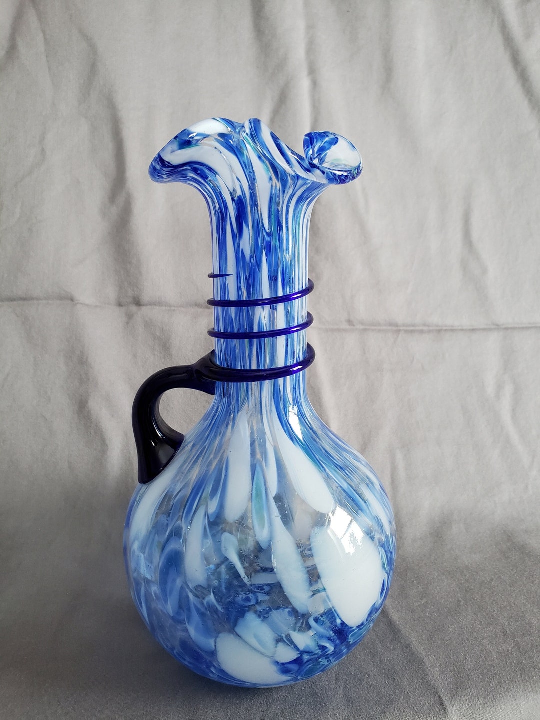 Art Glass 9" Blue & White Spatter Pitcher Vase, Home Decor - Etsy