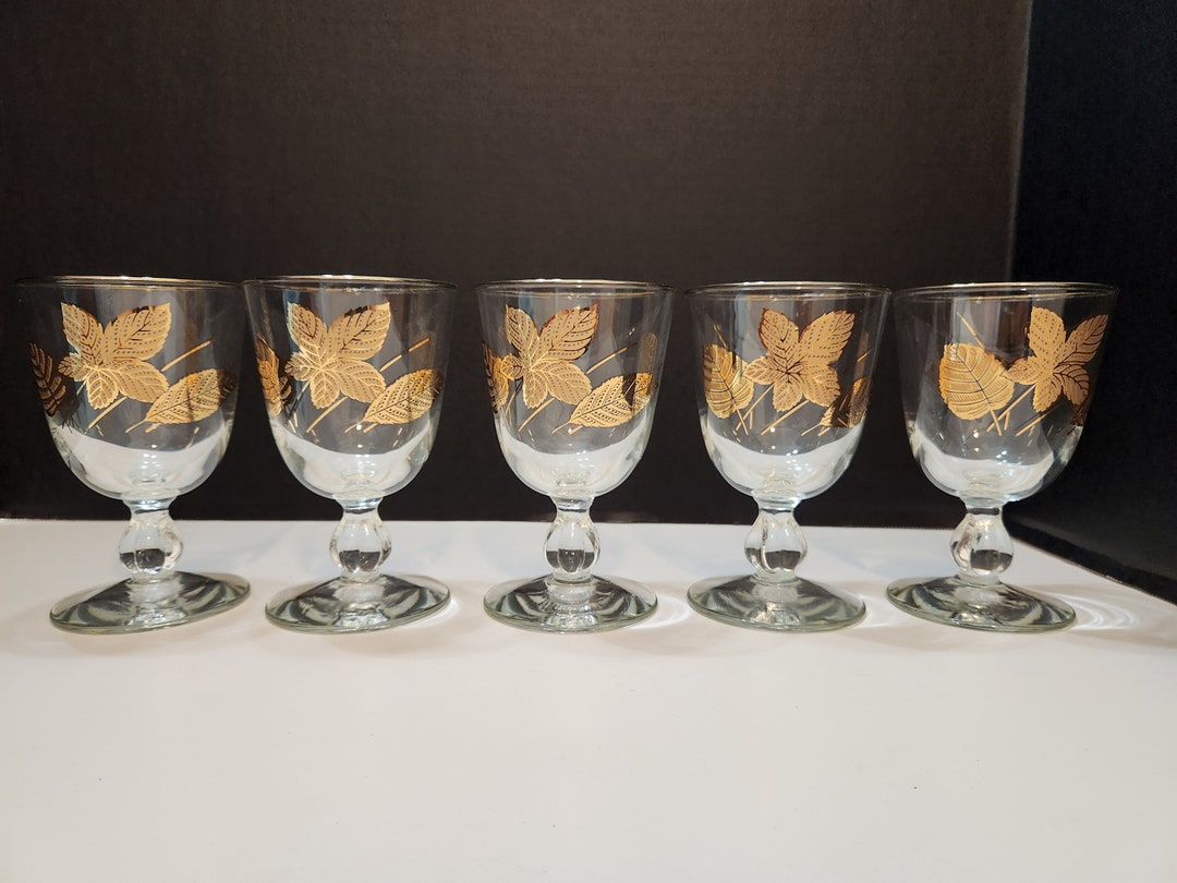 Libby Gold Leaves Pattern Glass Water / Wine Goblets With Gold Rims ...