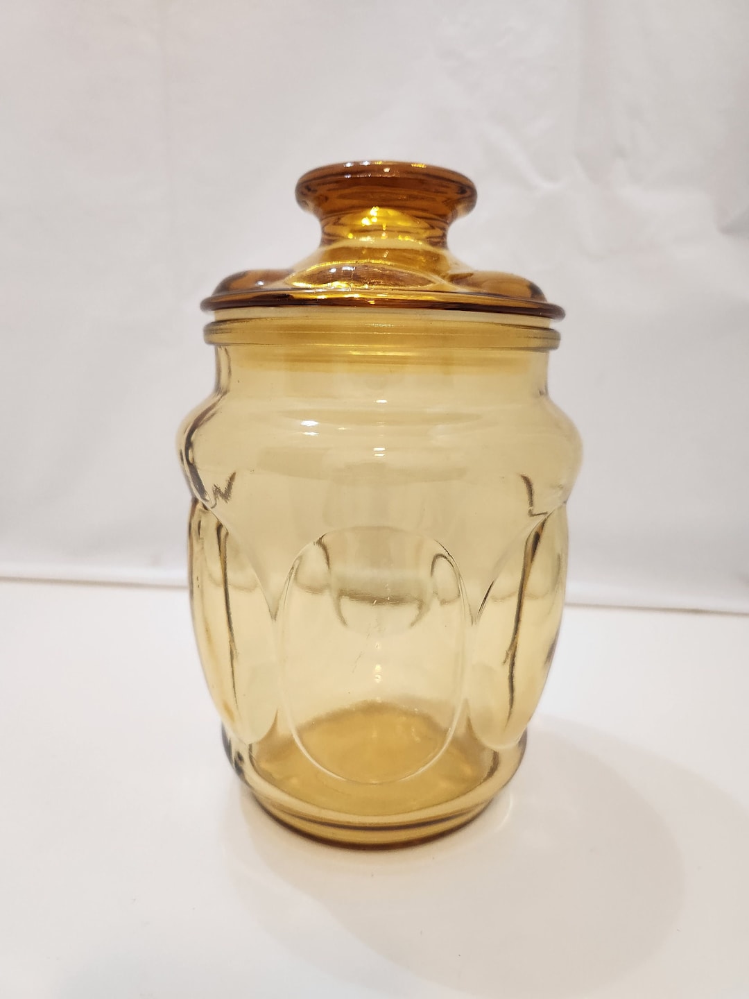 L E Smith Amber / Light Yellow Glass 7" Canister Storage Jar With Lid ...