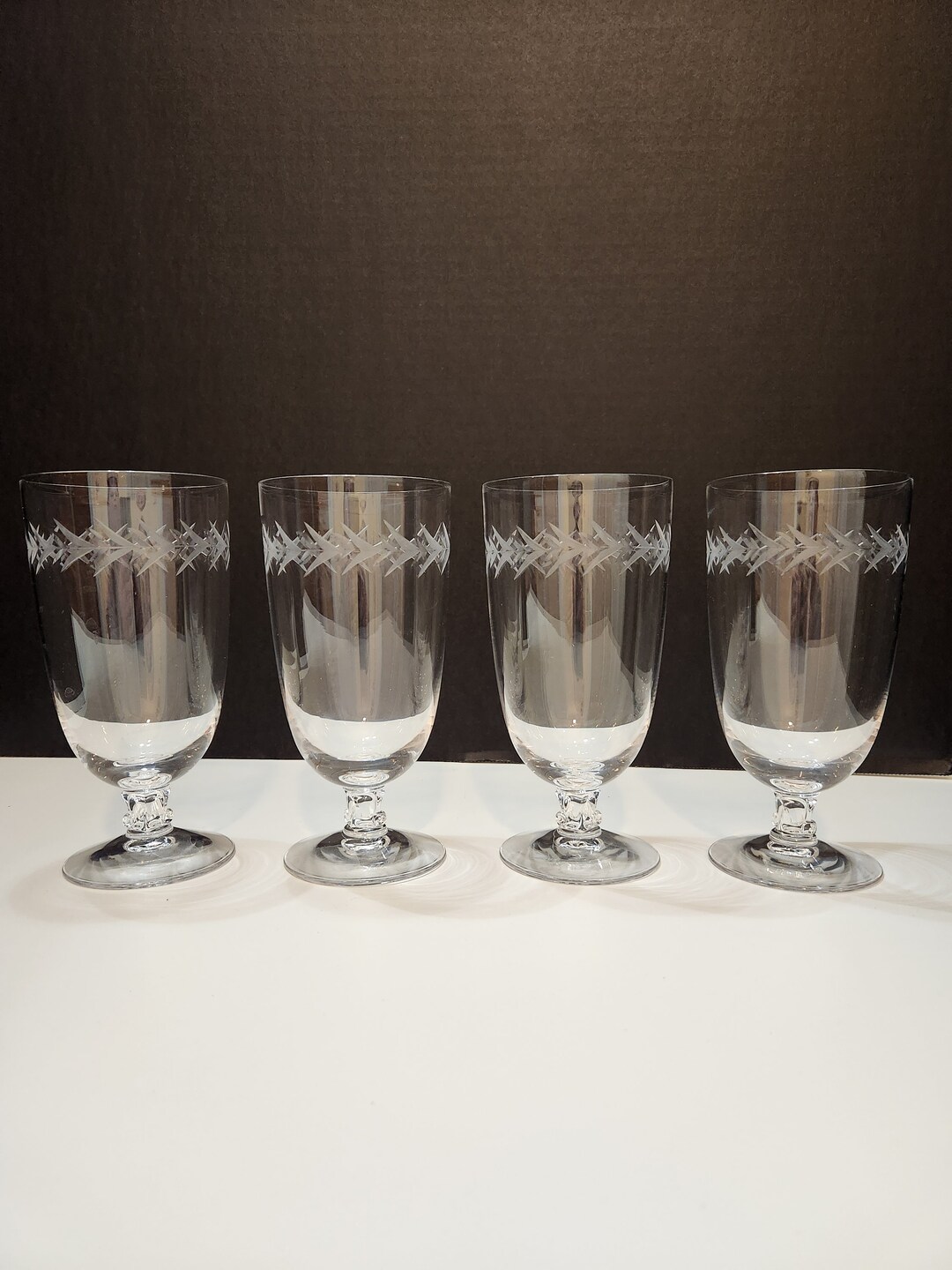 Fostoria Etched Holly Clear Pattern Crystal Footed Iced Tea Glasses Set ...