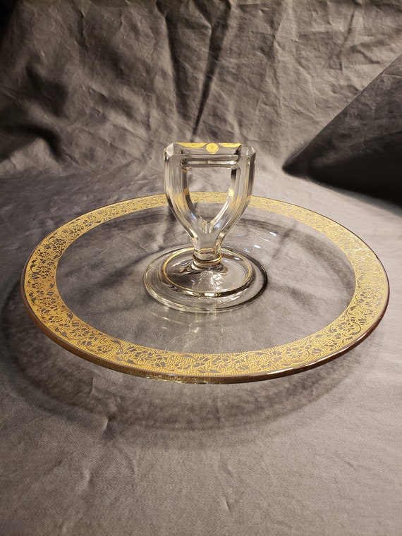 Glass Serving Tray With Center Handle Clear With Gold Band | Etsy