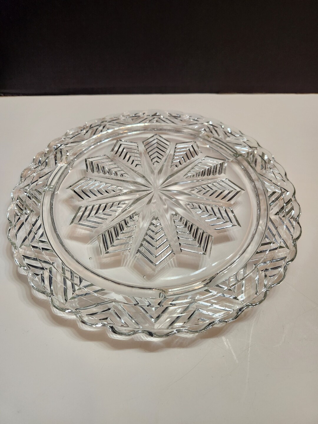 Vintage Clear Glass Cake Plate, Chevron Star Design, Scalloped Edge - Etsy