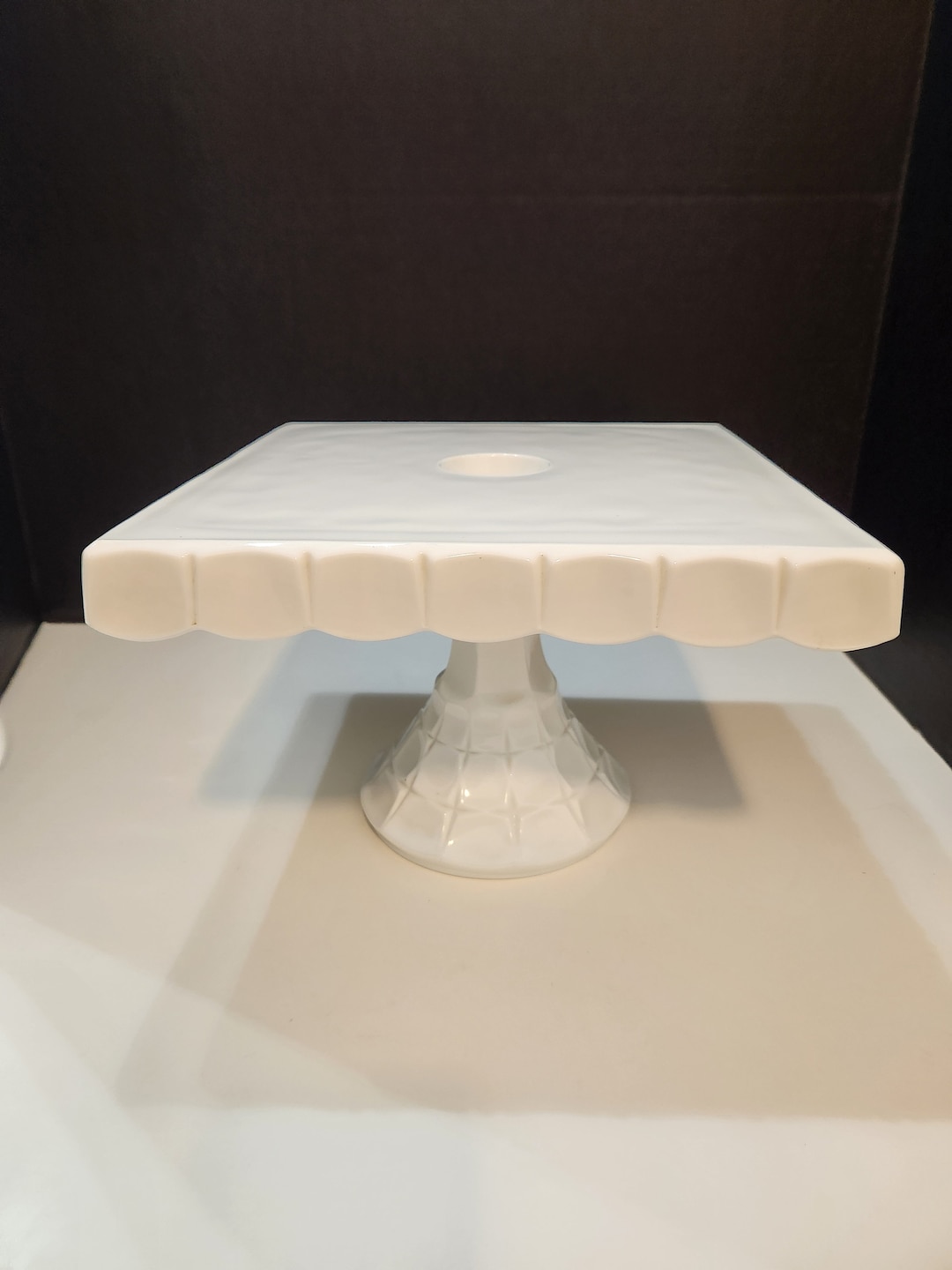 Square White Milk Glass Pedestal Cake Stand With Rum Well, Pastry Stand ...