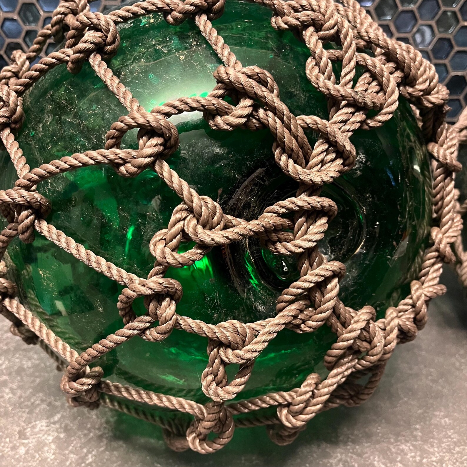 Large Japanese Glass Fishing Float / Buoy W/ Rope Netting, Nautical ...
