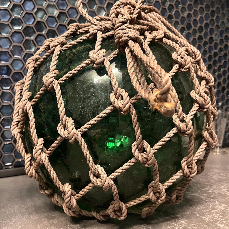 Large Japanese Glass Fishing Float / Buoy W/ Rope Netting, Nautical ...