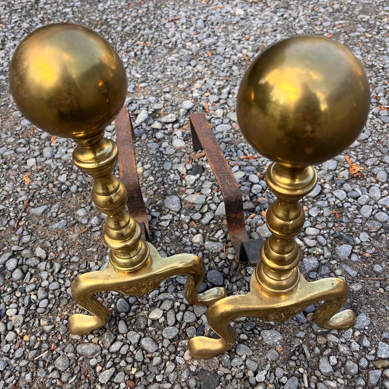 Pair 2 of Brass Ball Fireplace Andirons / Fire Dogs, Fireplace ...