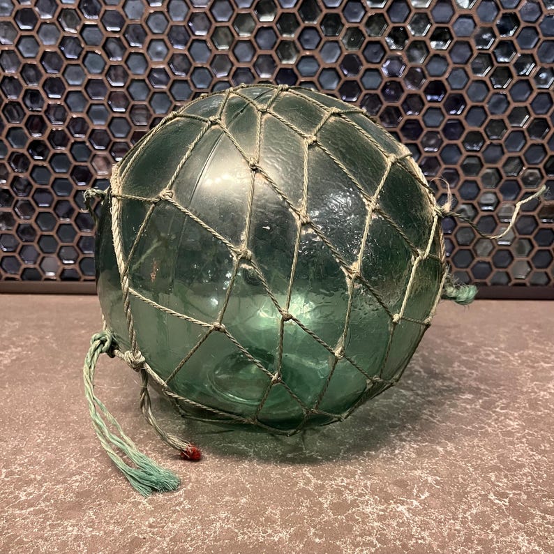 Large Japanese Glass Fishing Float / Buoy W/ Rope Netting, Nautical ...