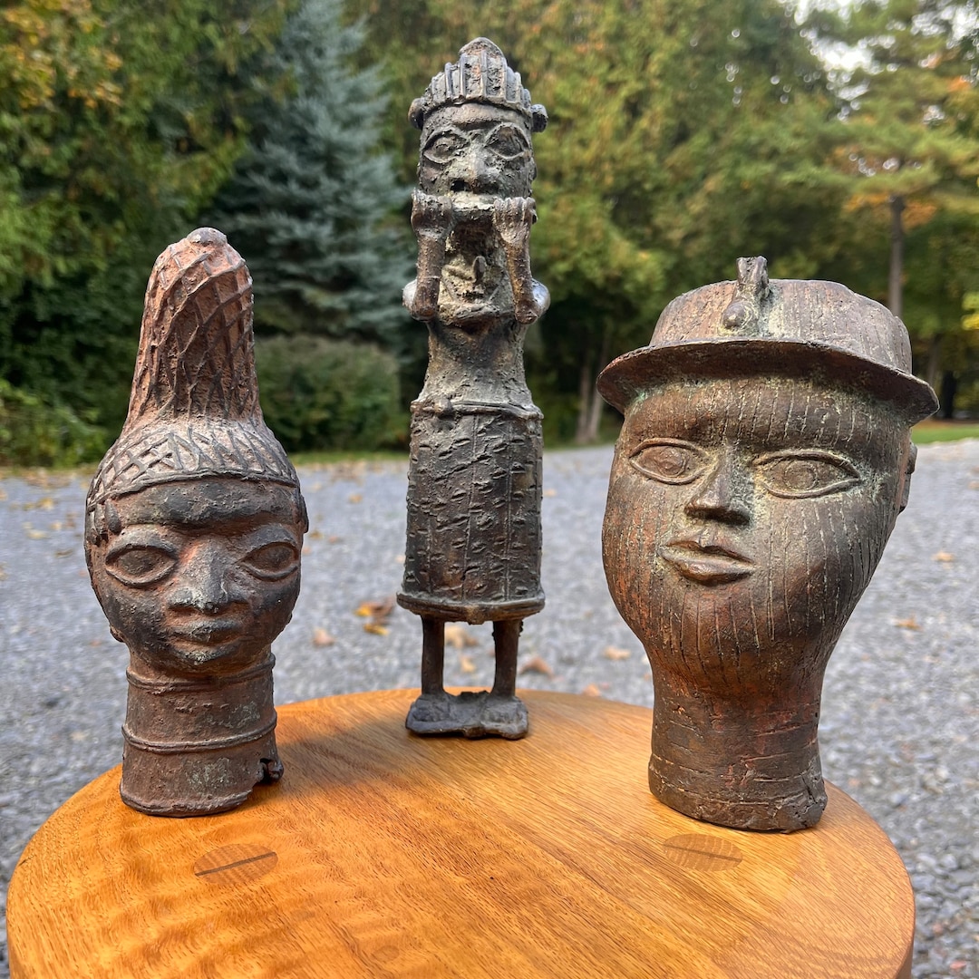 Trio of Benin Bronze Figures, Bronze Sculpture, Artifact, African Decor ...