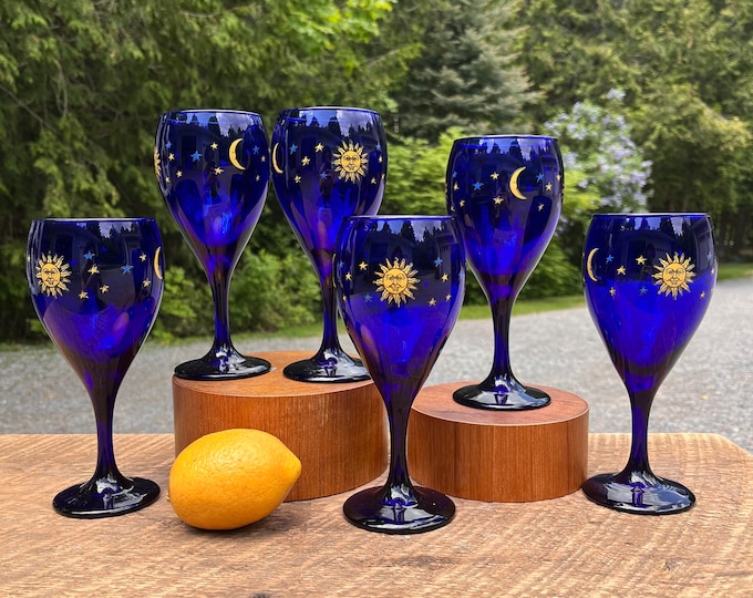 Set of (6) 1990s Libbey Cobalt Blue Celestial Moon + Star Wine Glasses ...