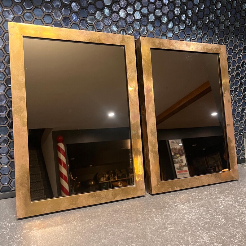 Pair of Rectangular Mcm Solid Brass Wall Mirrors, Bathroom Decor, Brass ...