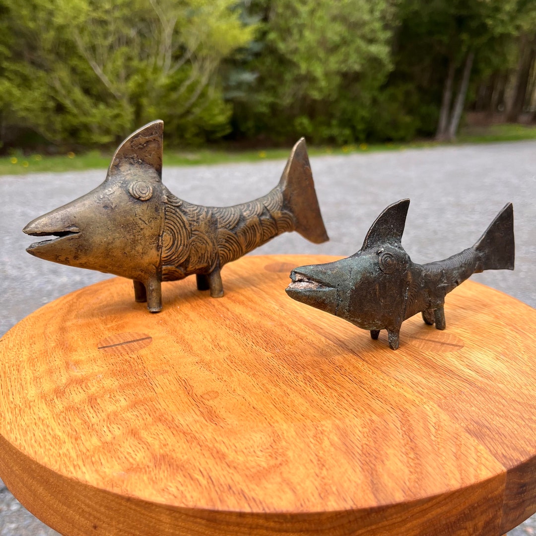 Pair (2) of Benin Bronze West African Fish Sculptures, Brass Sculpture ...