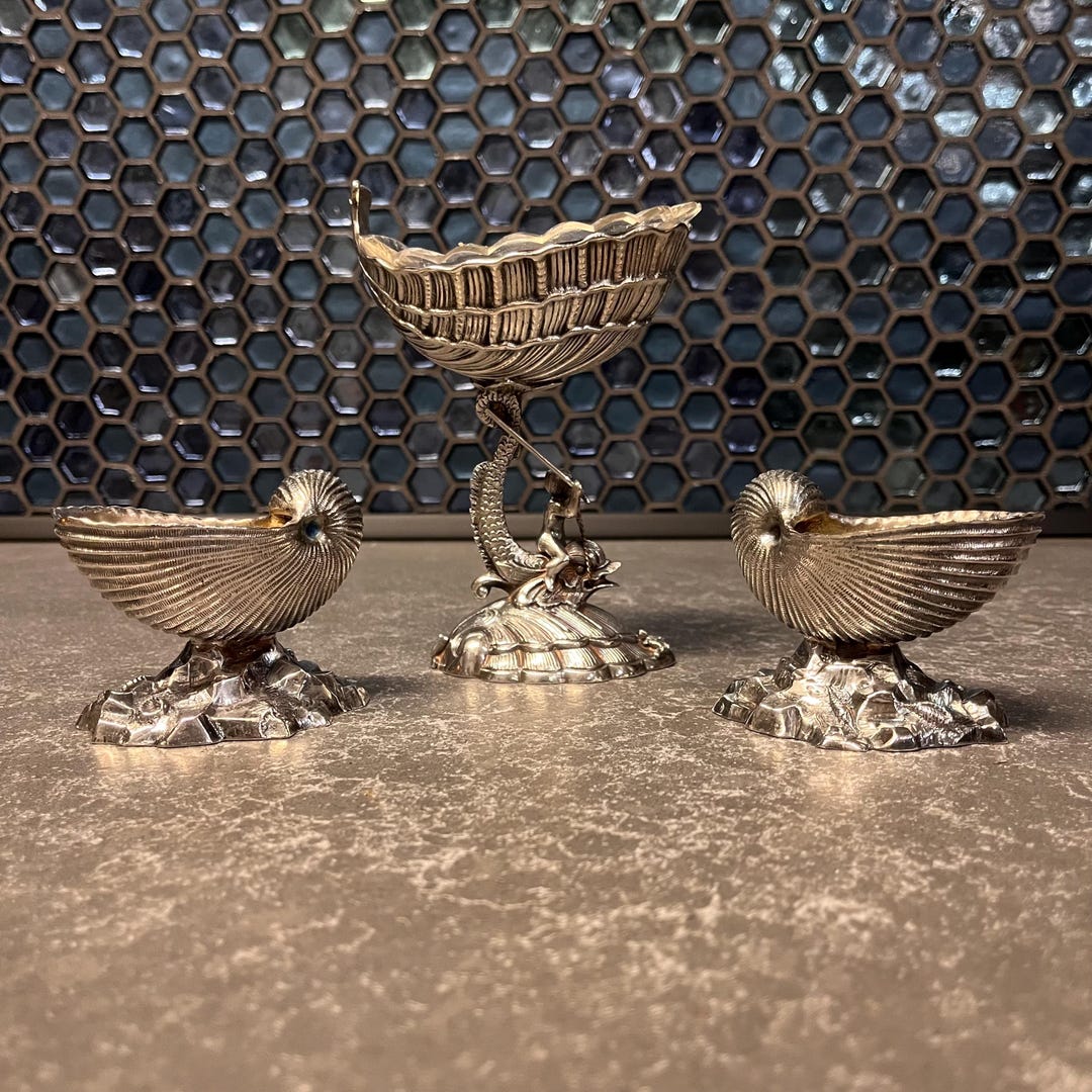 1890s Silver Plate Salt Cellars, Putto on Dolphin, Nautilus Shell ...