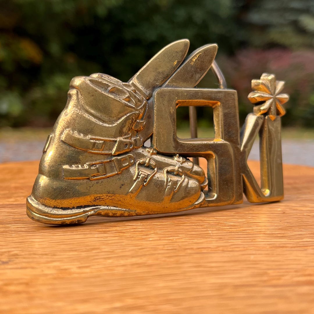 1980s Solid Brass Skier Belt Buckle, Ski Boot, Stocking Stuffer, Ski ...
