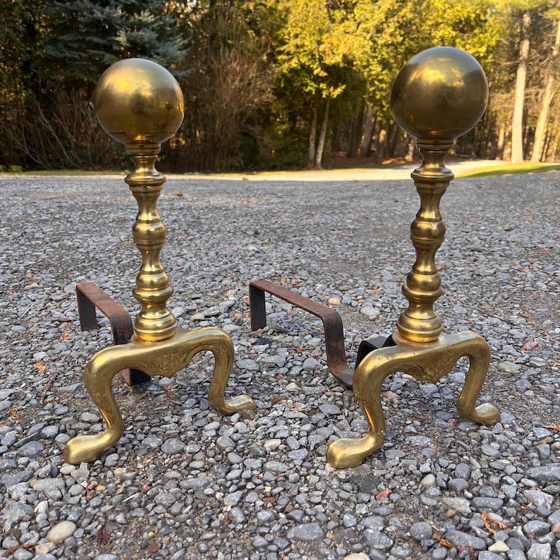 Pair 2 of Brass Ball Fireplace Andirons / Fire Dogs, Fireplace ...