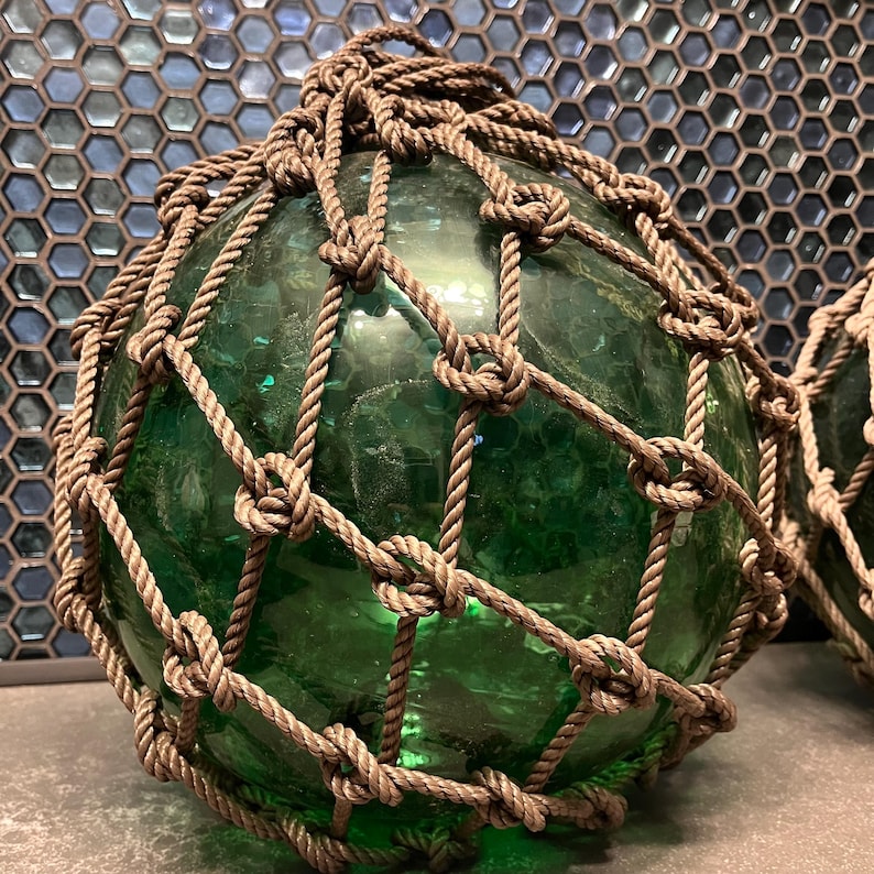Large Japanese Glass Fishing Float / Buoy W/ Rope Netting, Nautical ...