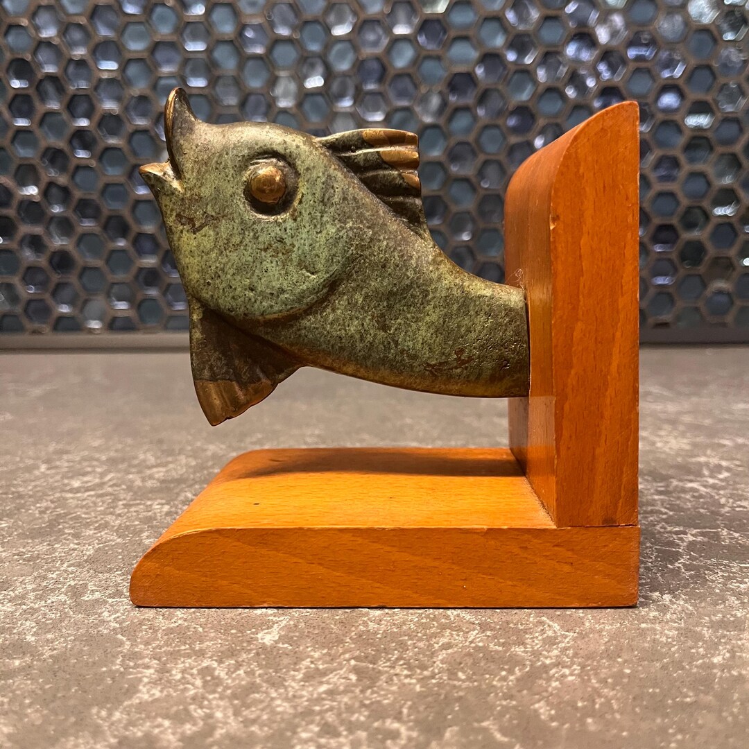 Walter Bosse Style Brass + Wood Fish Bookend, Mid Century Modern ...