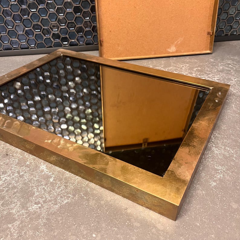 Pair of Rectangular Mcm Solid Brass Wall Mirrors, Bathroom Decor, Brass ...