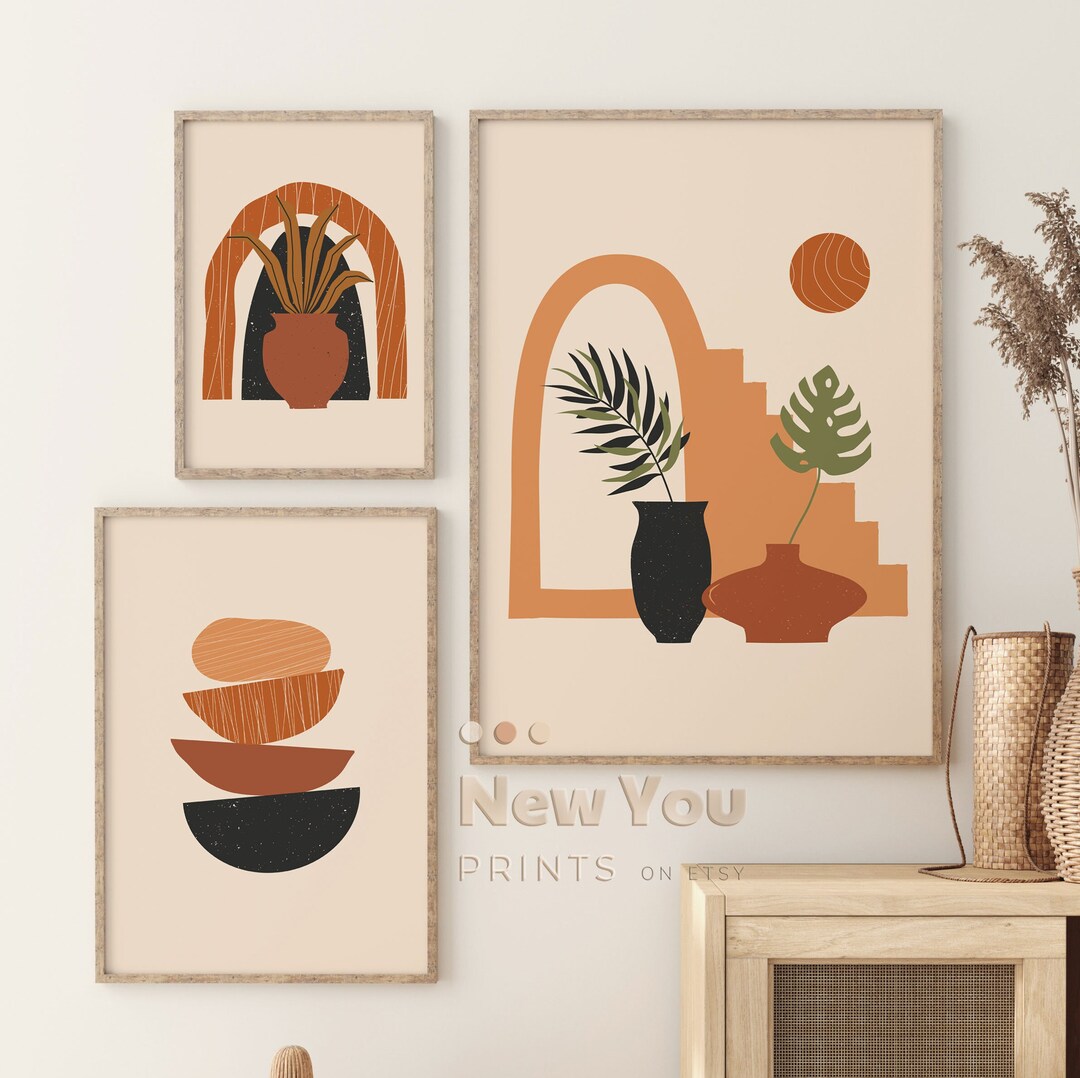 Boho Galerie Wand Kunst 3er Set, Mid Century Moderne druckbare Kunst, Abstrakte botanische Kunst ...