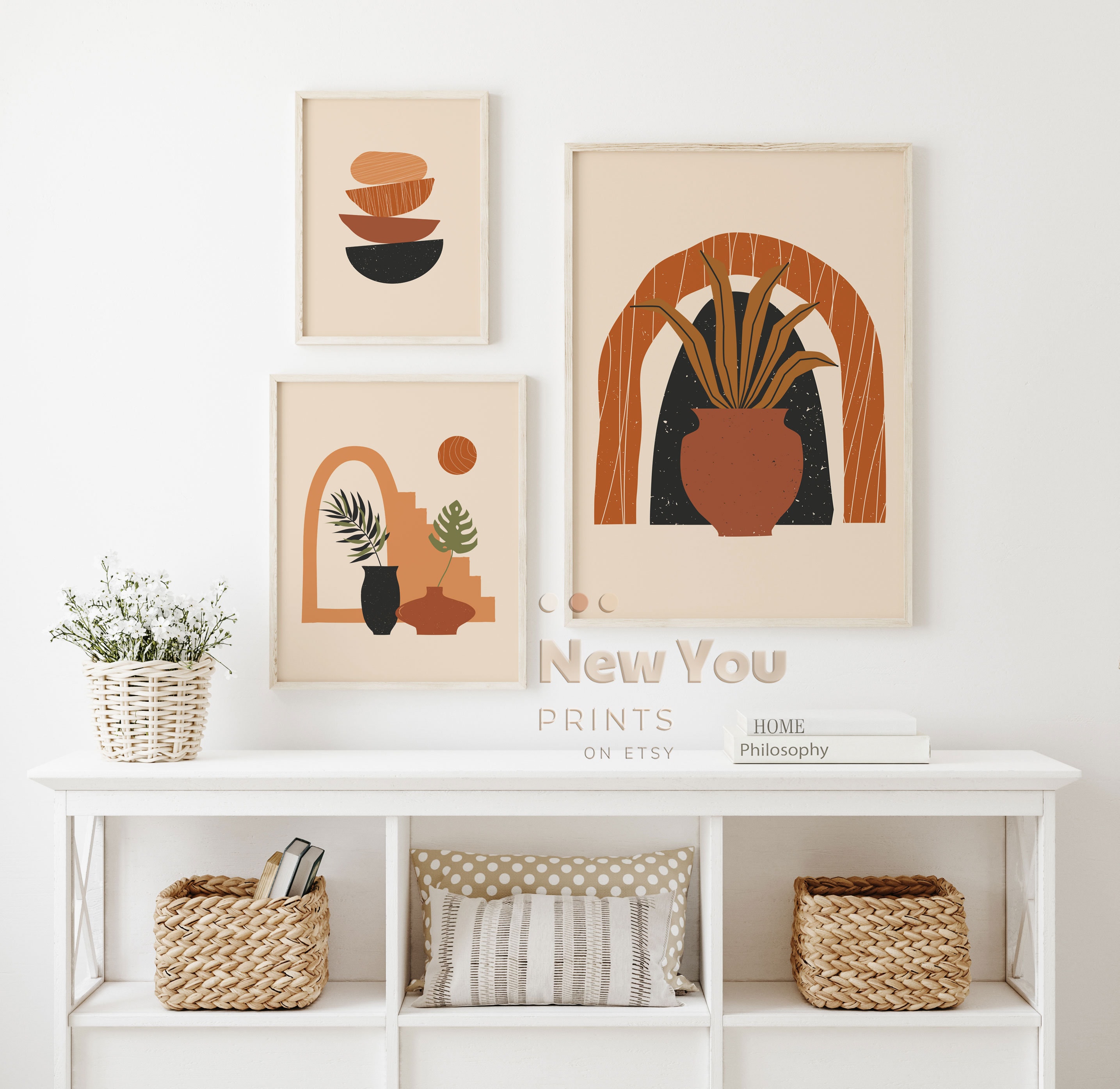 Boho Galerie Wand Kunst 3er Set, Mid Century Moderne druckbare Kunst, Abstrakte botanische Kunst ...