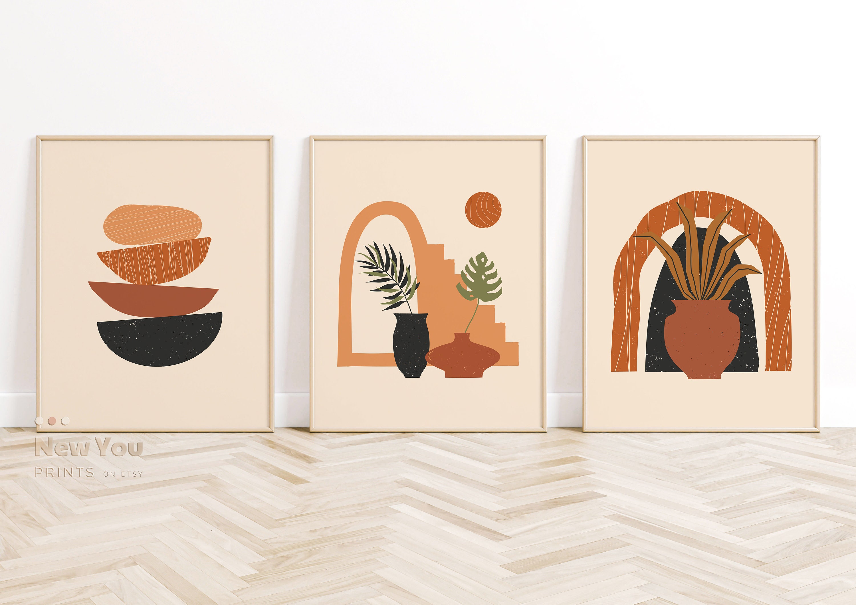 Boho Galerie Wand Kunst 3er Set, Mid Century Moderne druckbare Kunst, Abstrakte botanische Kunst ...