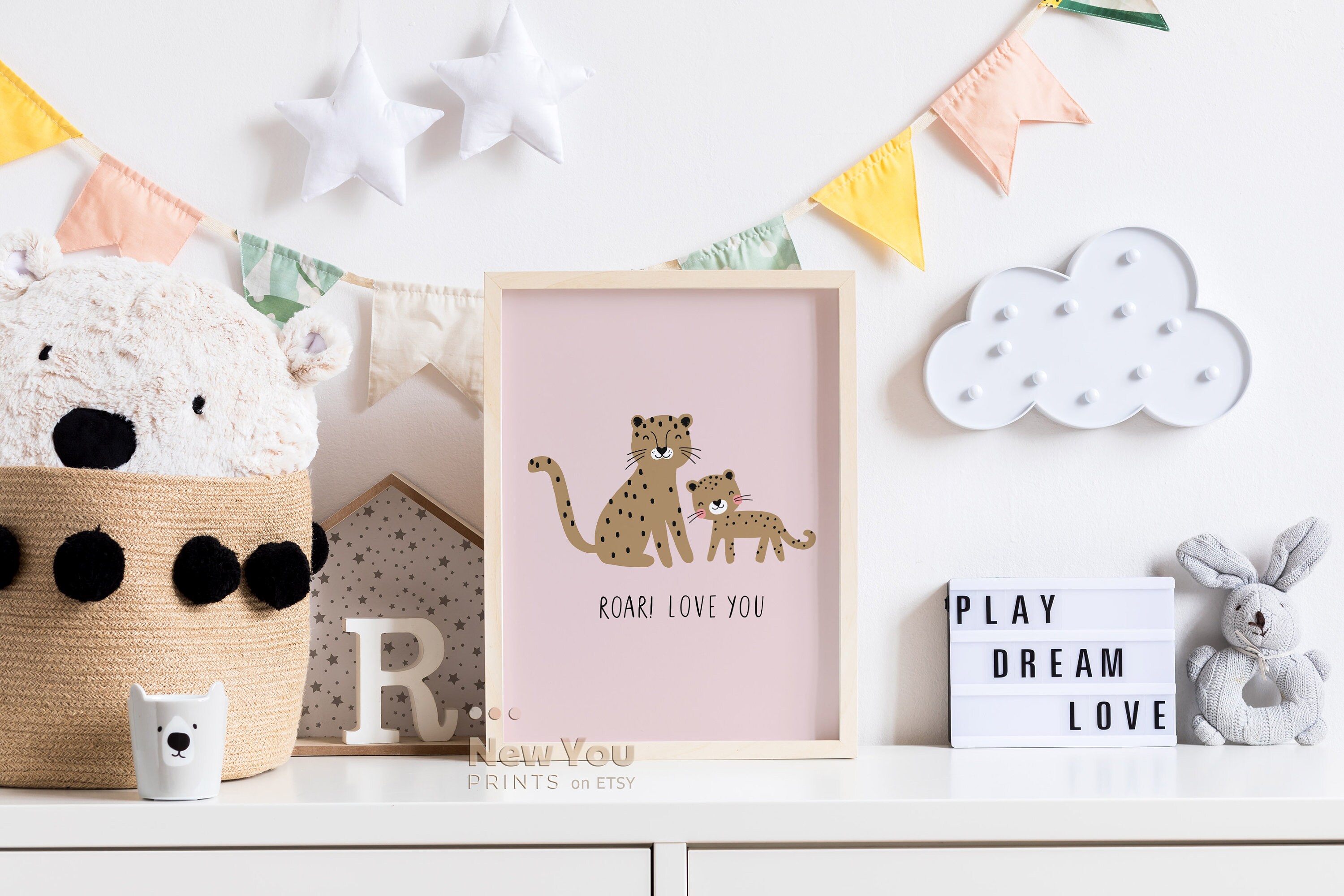 Cute Wild Cats Nursery Decor, Mother and Baby Leopards, Pink Blush ...