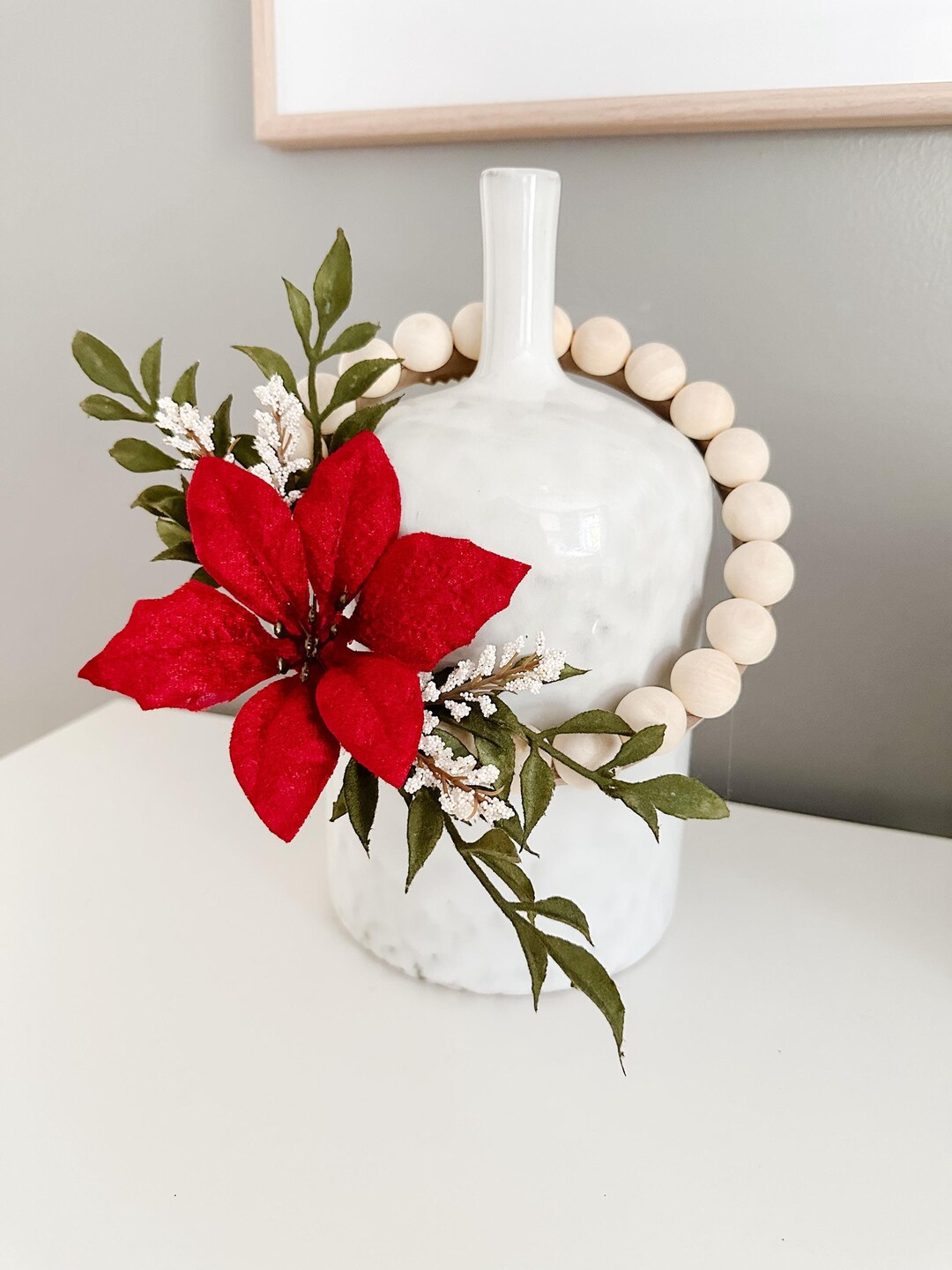 Small Holiday Wreath - Wood Bead Wreath With Red Poinsettia - Ships ...