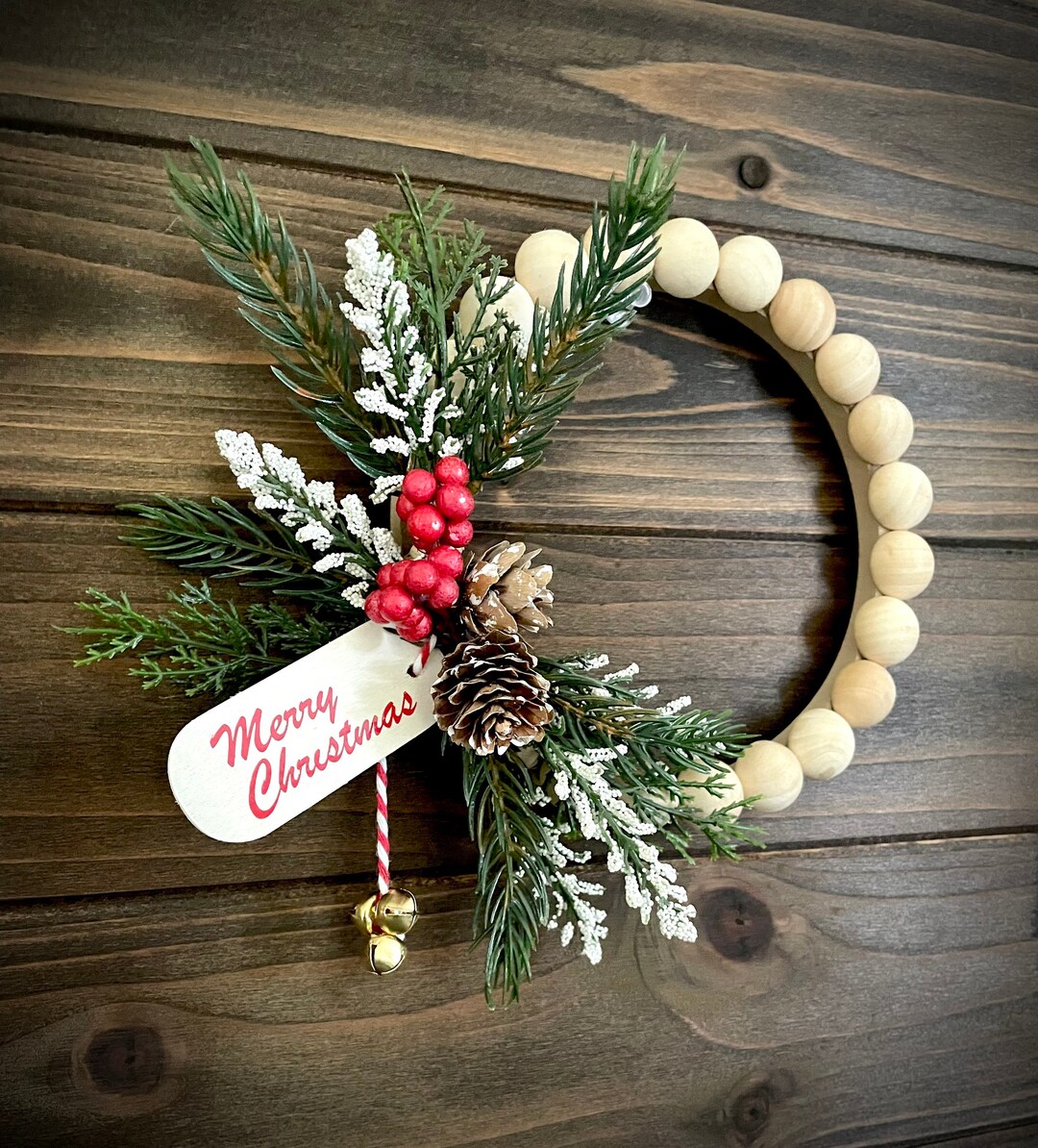Merry Christmas Wreath - Small Wood Bead Wreath With Pinecone and Red ...