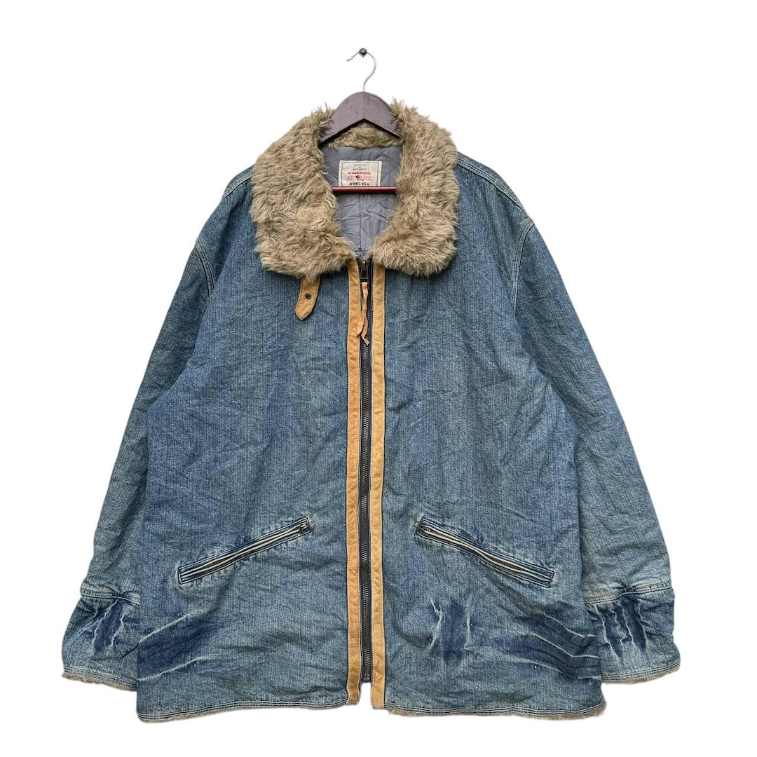 Vintage AVIREX Denim Flight Jacket With Faux Fur Collar,distressed ...